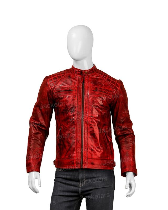 Mens Red Shoulder Design Leather Jacket - Jacketars