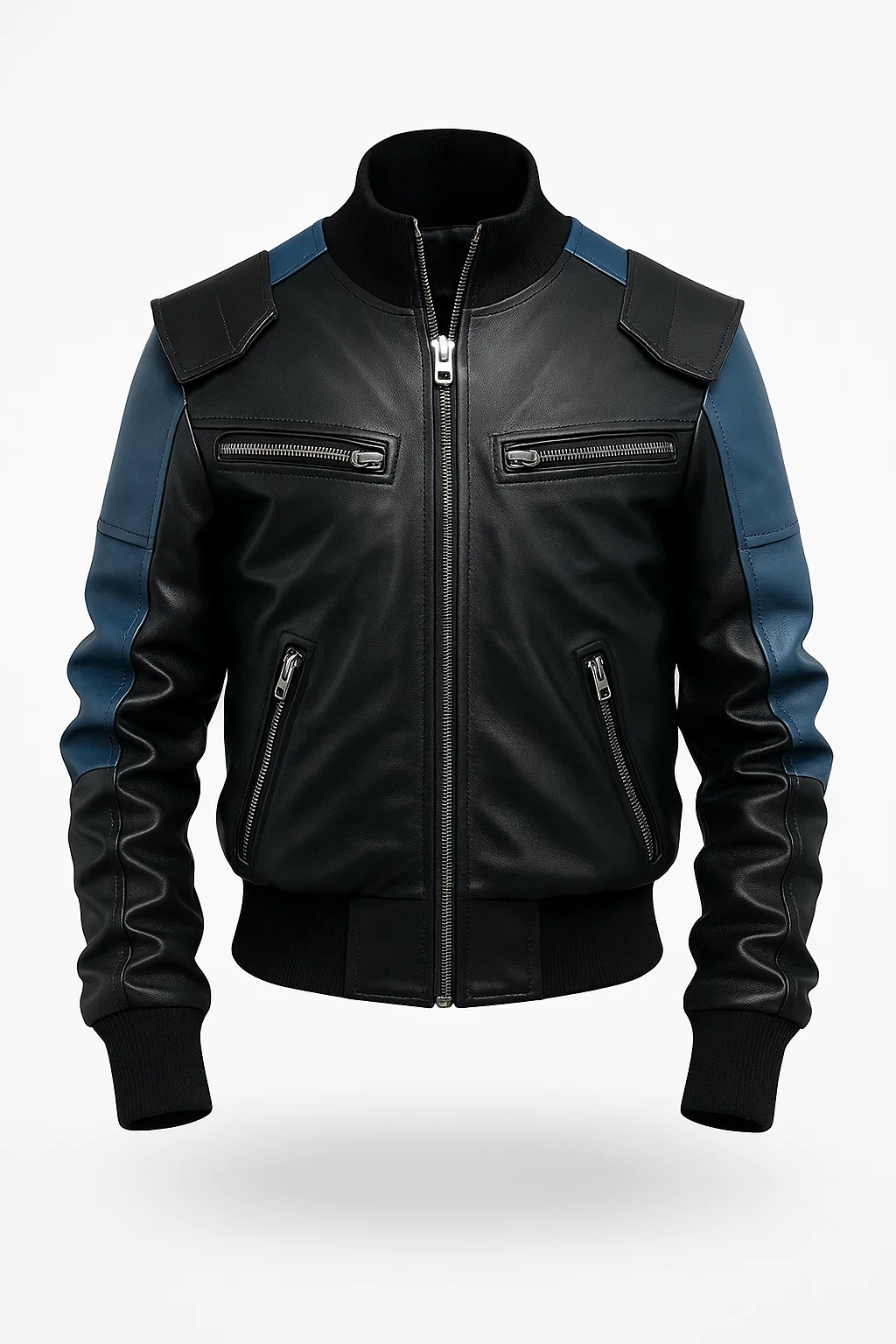 Black and Blue Bomber Leather Jacket For Mens