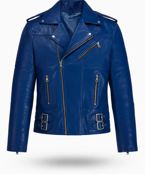 Blue Leather Three Zipper pockets Biker Jacket For Mens