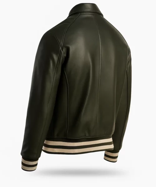 Green Leather Varsity Jacket | White Stripes Green Leather Varsity